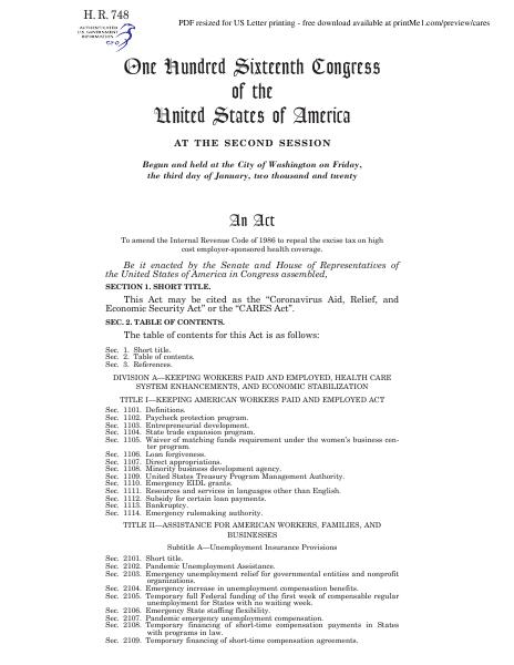 CARES and FFCRA Acts-Combined, Formatted for US Letter printing ...